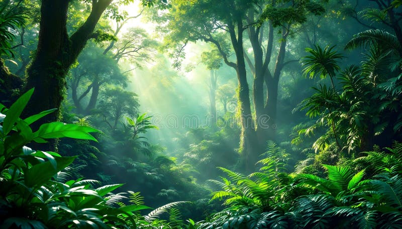A Tropical Rainforest Landscape with Sunlight Beams Penetrating through ...