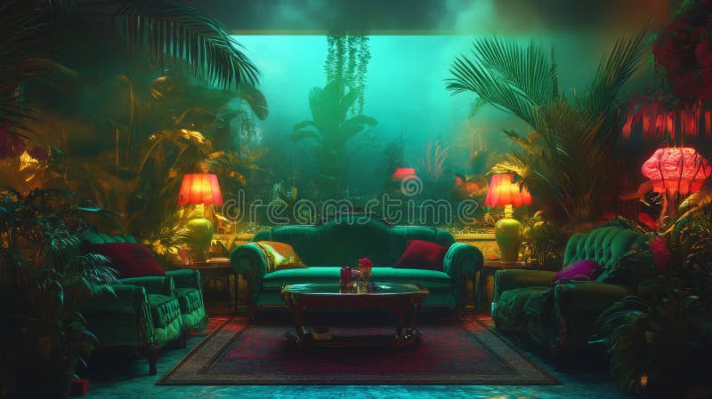 Lush Tropical Room Interior with Vibrant Lighting Stock Illustration ...
