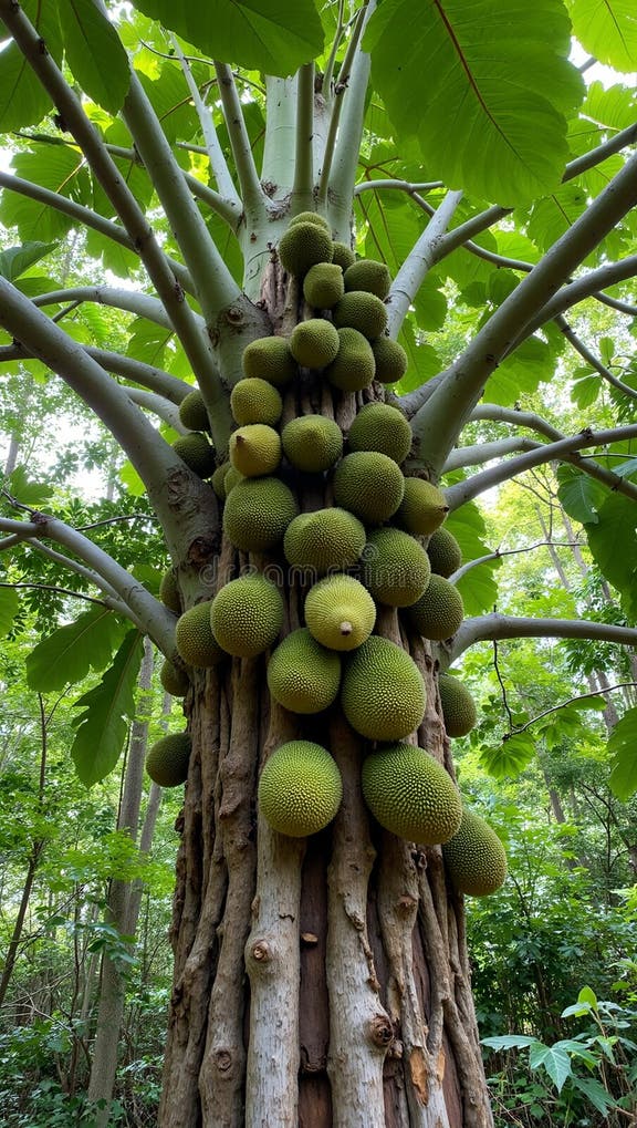 Lush Tropical Tree with Green Breadfruit Clusters Stock Illustration - Illustration of round ...