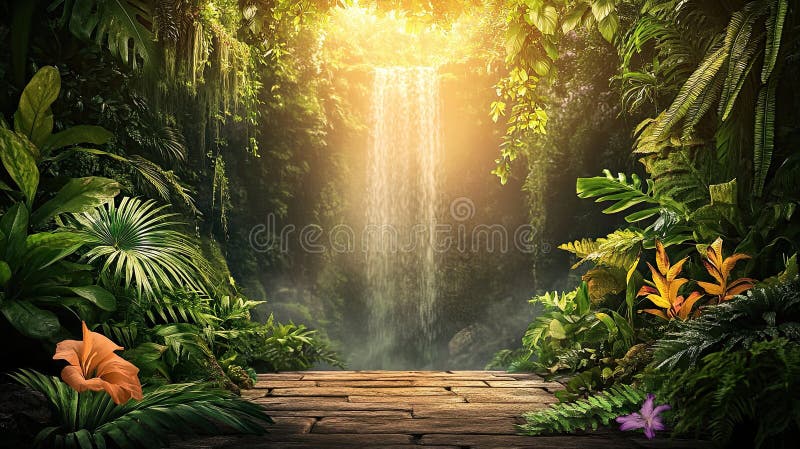 Lush Tropical Waterfall Path in a Jungle Setting Stock Illustration ...