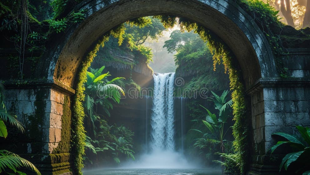 Lush Tropical Waterfall View through Stone Arch Stock Photo - Image of ...