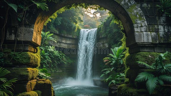 Lush Tropical Waterfall View through Stone Arch. Stock Photo - Image of ...