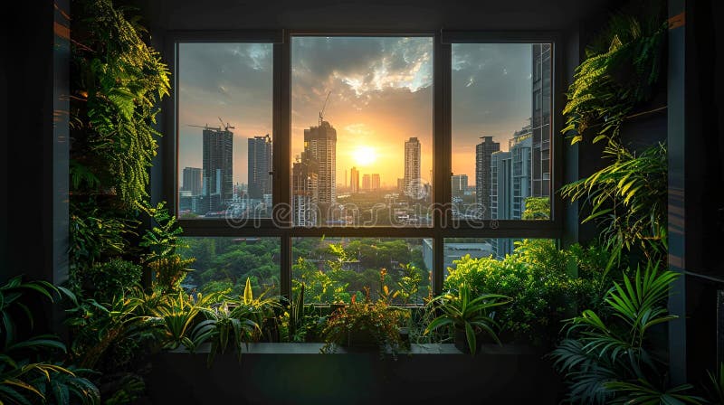 Lush Urban Landscape Seen through the Window, Foreground Filled with ...