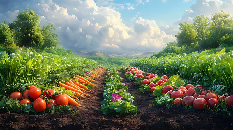 Lush Vegetable Rows Hillside Farm Sunset Stock Illustration ...