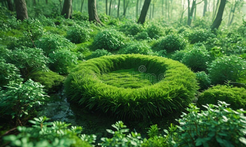 Lush, Verdant Forest Scene Features Circular Bed Vibrant Green Moss ...