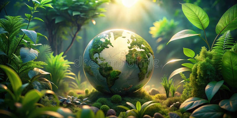 A Lush, Vibrant Ecosystem Thriving Around a Verdant Globe, Symbolizing ...