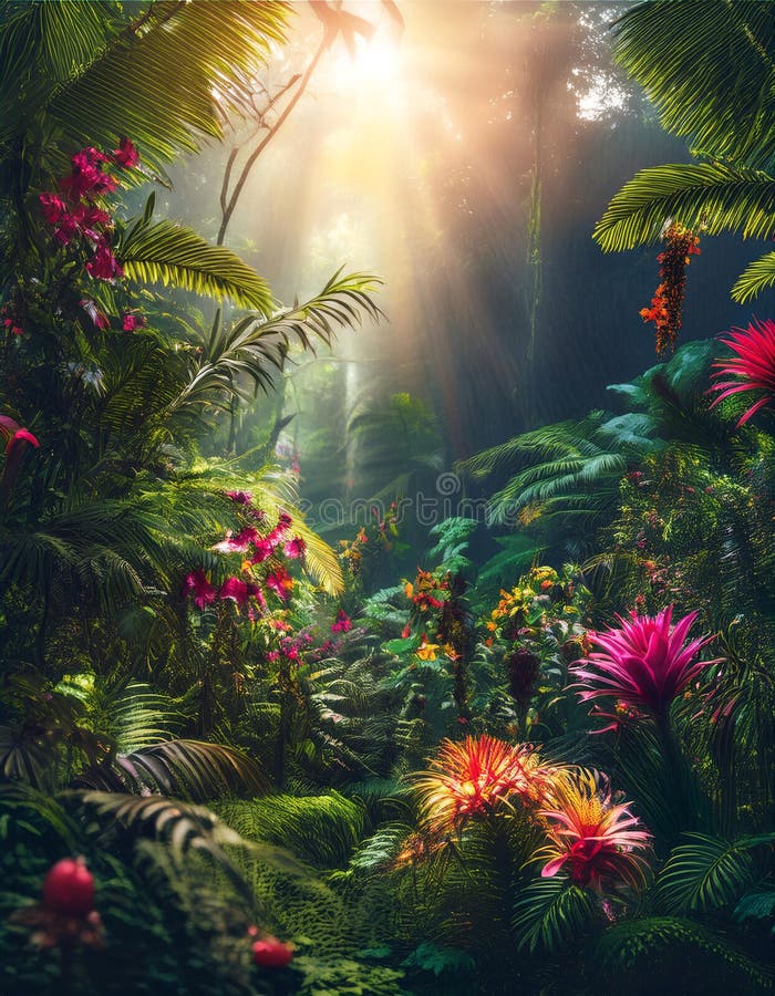 A Lush and Vibrant Tropical Rainforest Bathed in Warm Sunlight Stock ...