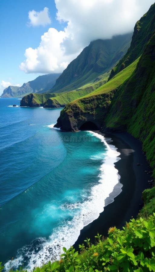 Lush Waipio Valley Cliffs, Black Sand Beach Dramatic Ocean Views , Big ...