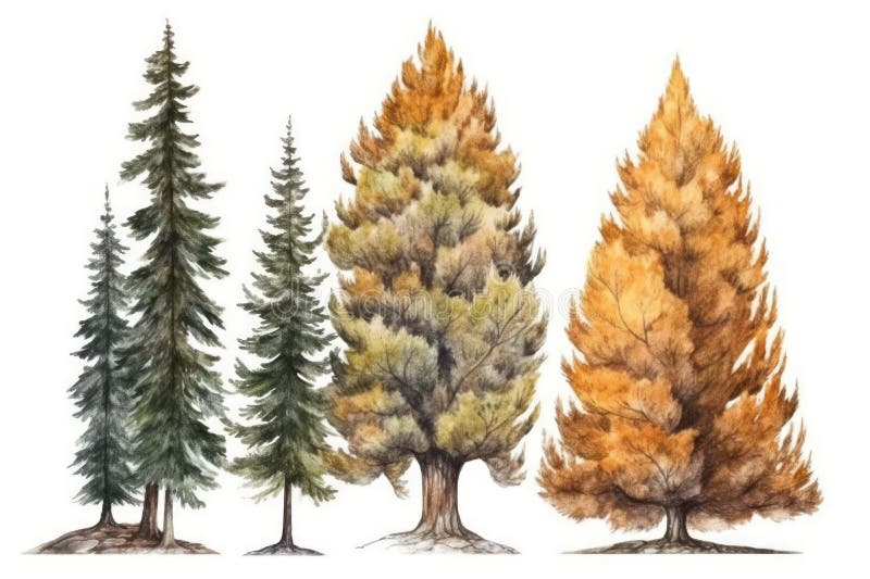 Lush Watercolor Larch Tree Forest Collection . Stock Illustration ...