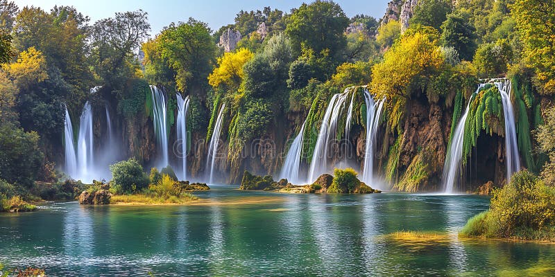 Lush Waterfall Landscape Serene Nature Scene with Cascading Water Stock ...