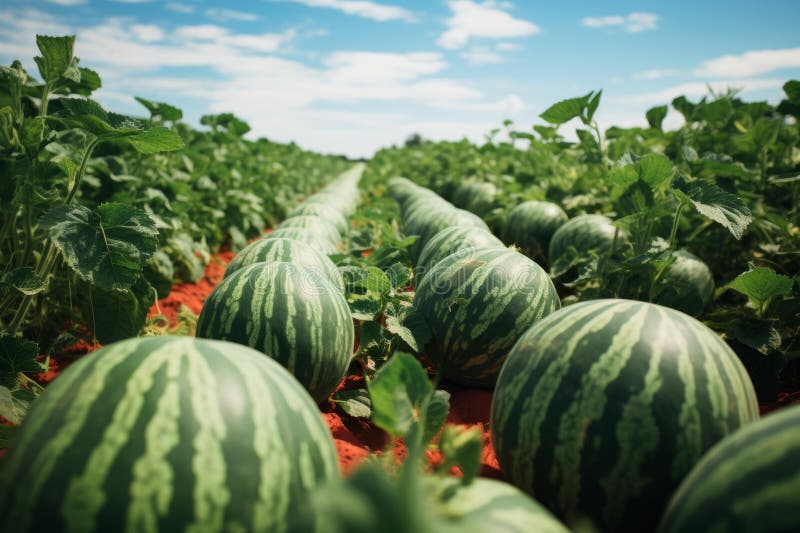 Lush Watermelon Field Under Blue Sky Stock Image - Image of ...