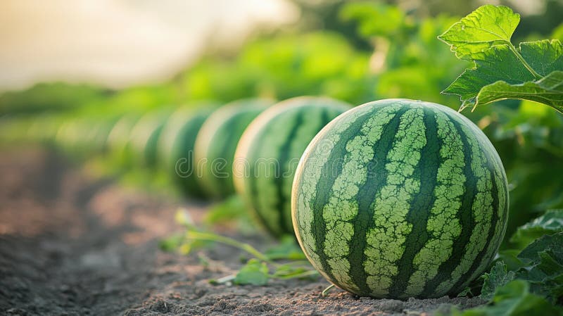 Lush Watermelon Field with Vibrant Green Melons at Sunset Stock Photo ...