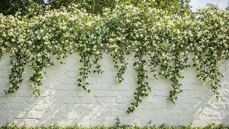 Lush White Stone Wall Adorned with Cascading Star Jasmine Flowers Stock ...