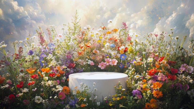 Lush Wildflower Meadow with White Stone Platform Under Bright Sky Stock ...