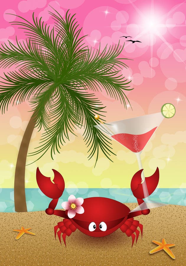 Lustige Krabbe Mit Cocktail Auf Dem Strand Stock Abbildung ...
