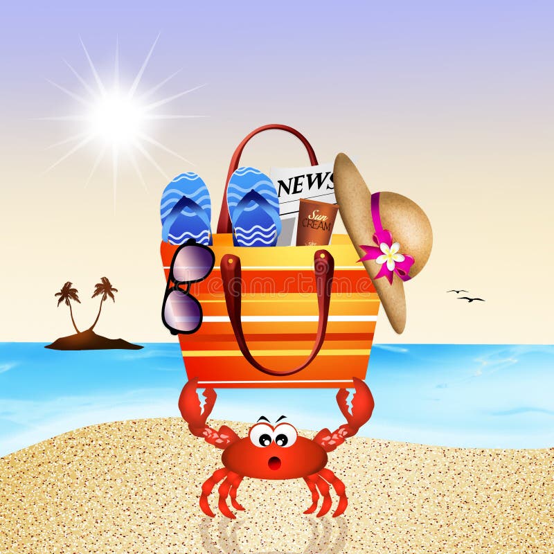 Lustige Krabbe Mit Strandtasche Stock Abbildung - Illustration von ...