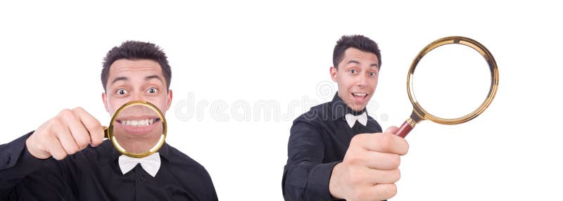 Lustiger Mann mit Lupe stockbild. Bild von forscher - 172239127
