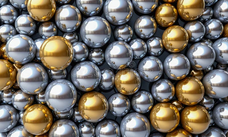 Lustrous Metallic Spheres, Reflecting Light, Gather in an Intricate ...