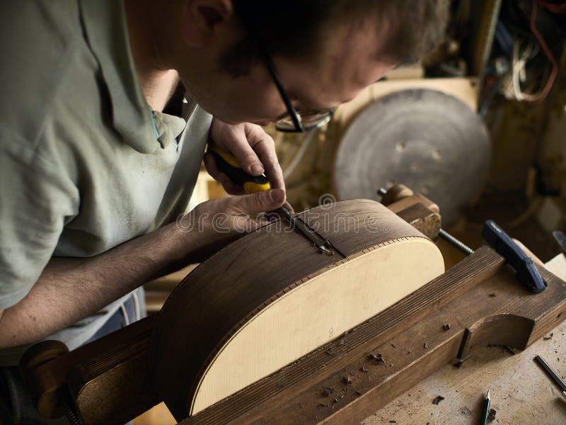 Luthier Install Binding on a Guitar. Stock Image - Image of manual ...