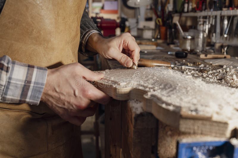 Luthier Using Gouge while Crafting Violin in Workshop Stock Image ...