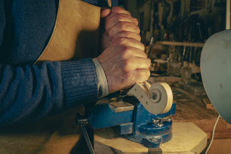 Luthier Working on Violin Scroll in His Workshop Stock Image - Image of ...