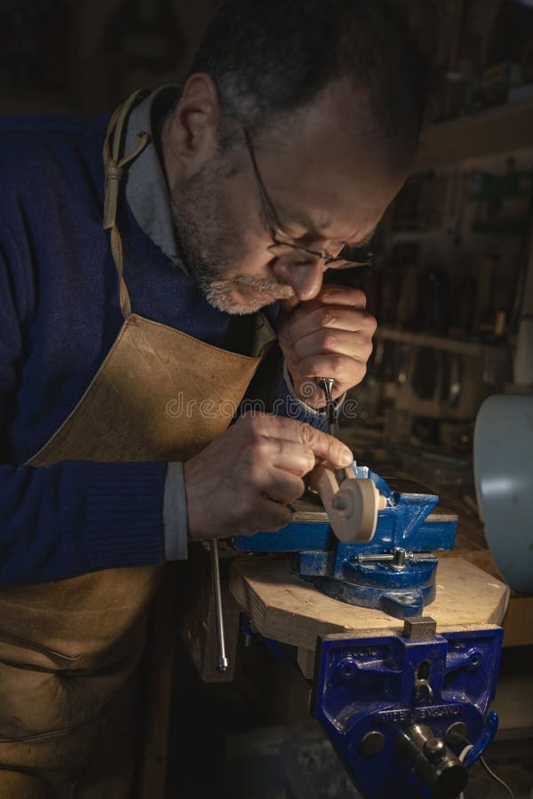 Luthier Working Violin Scroll His Workshop Using Vise Chisel Stock ...
