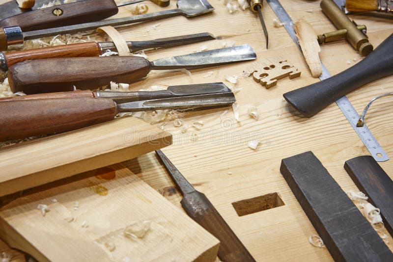 Luthier Workshop with Violin Parts and Tools. Traditional Craftmanship ...