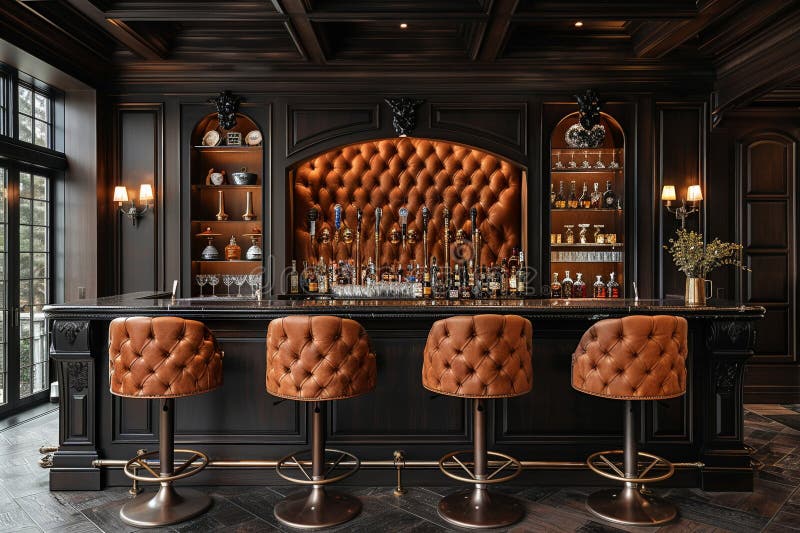 Luxe Home Bar with Dark Wood Paneling and Leather Bar Stools Stock ...