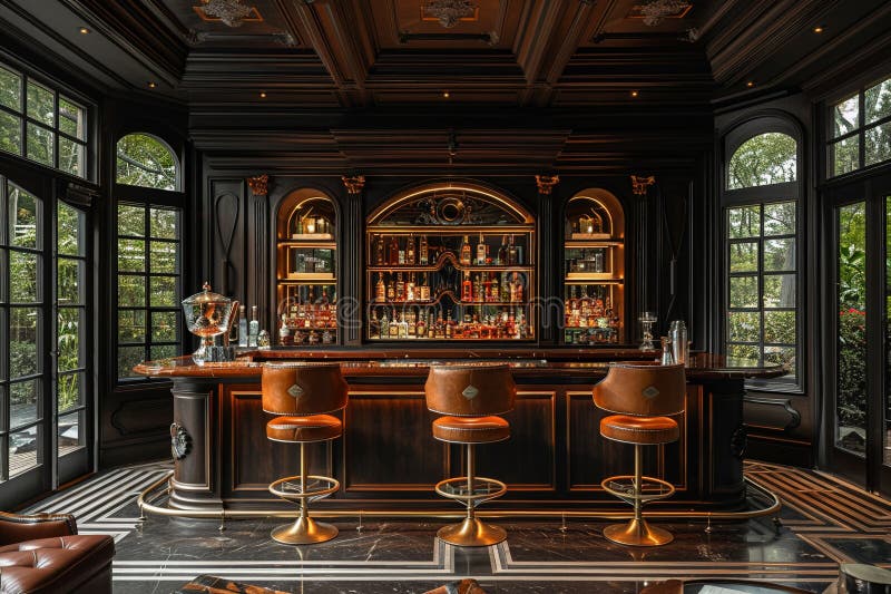 Luxe Home Bar with Dark Wood Paneling and Leather Bar Stools Stock ...