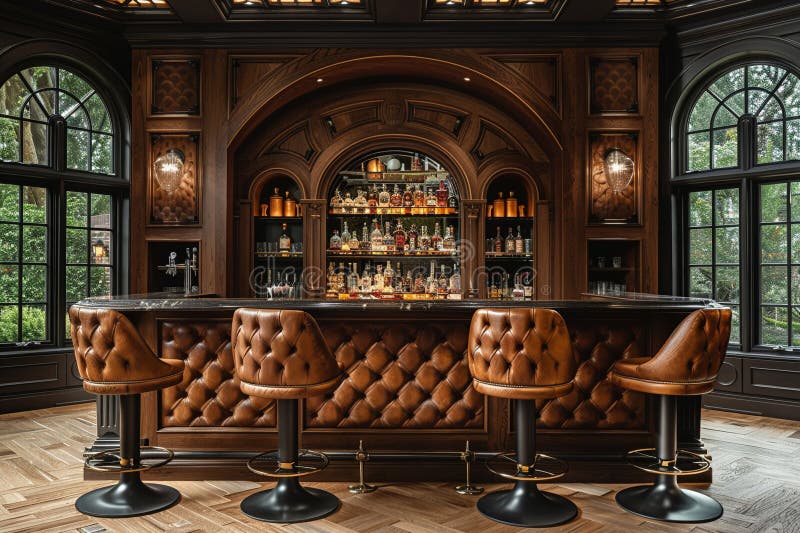 Luxe Home Bar with Dark Wood Paneling and Leather Bar Stools Stock ...