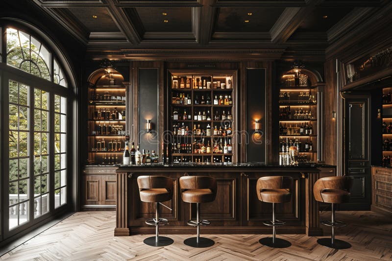 Luxe Home Bar with Dark Wood Paneling and Leather Bar Stools Stock ...