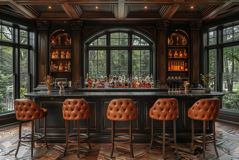 Luxe Home Bar with Dark Wood Paneling and Leather Bar Stools Stock ...
