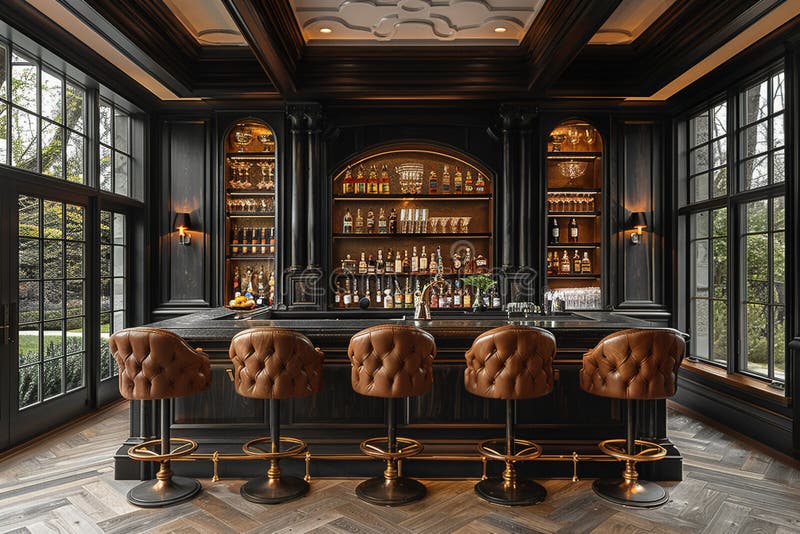 Luxe Home Bar with Dark Wood Paneling and Leather Bar Stools Stock ...