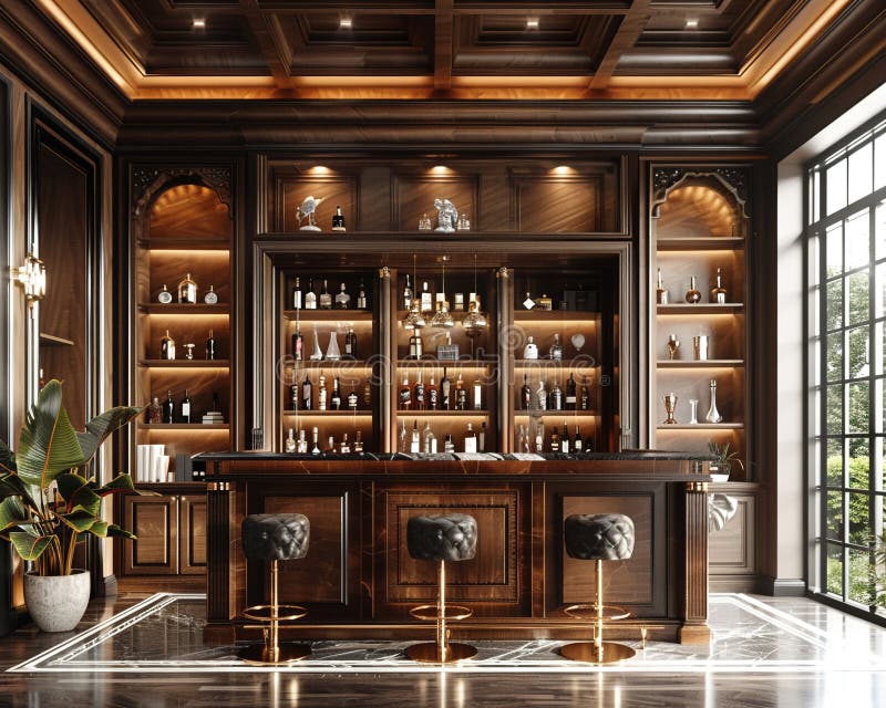 Luxe Home Bar with Dark Wood Paneling and Leather Bar Stools3D Render ...