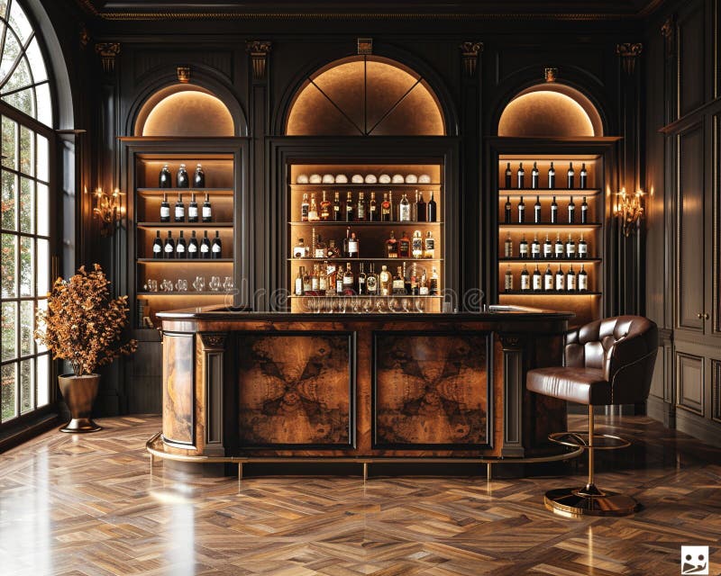 Luxe Home Bar with Dark Wood Paneling and Leather Bar Stools3D Render ...