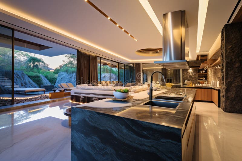 Luxe Interior Design of a Pool Villa Highlighting a Kitchen Area with ...