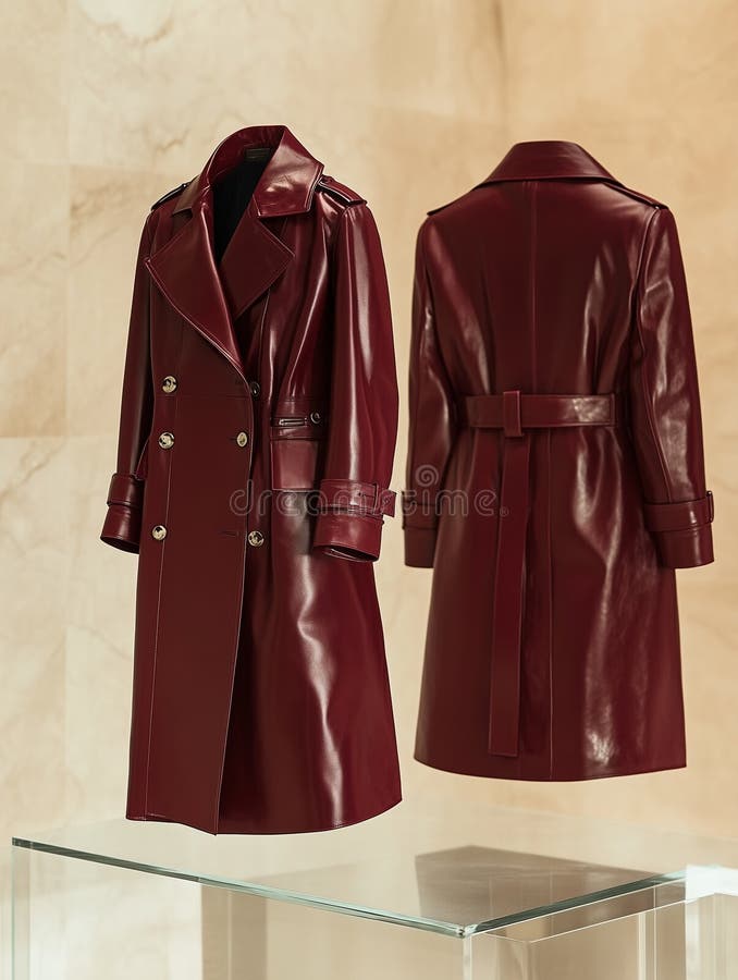 A Luxe Leather Trench Coat in Deep Burgundy is Elegantly Posed on a ...