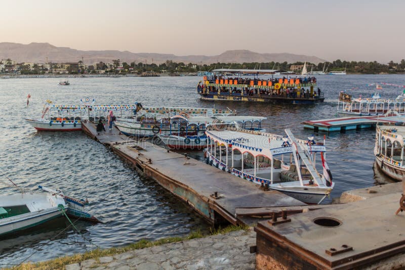LUXOR, EGYPT - FEB 18, 2019: Ferries at the River Nile in Luxor, Egy ...