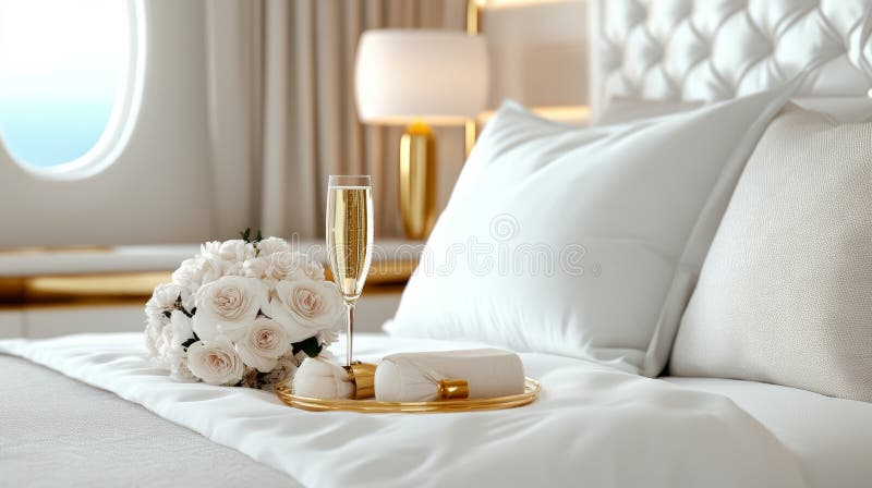 Luxurious Airplane First-class Suite with Flowers and Champagne on Cozy ...