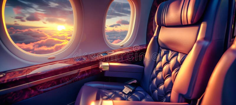 A Luxurious Airplane Seat with a Sunset View Outside the Window Stock ...