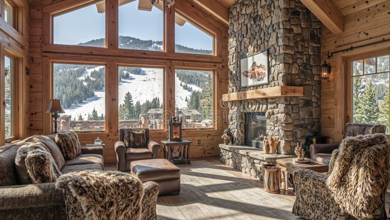 Luxurious Alpine Lodge with Stone Fireplace Large Windows and Snow ...