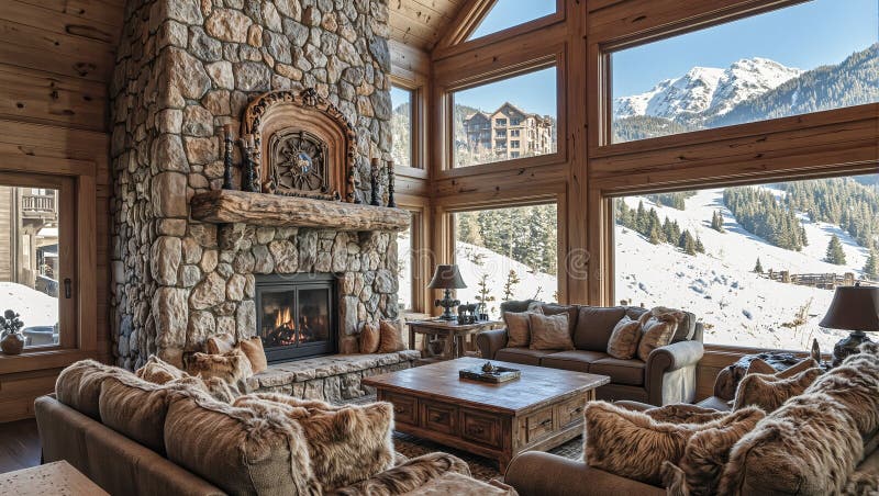 Luxurious Alpine Lodge with Stone Fireplace Large Windows and Snow ...