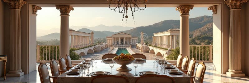 Luxurious Ancient Roman Dining Hall with Mountain View Stock Image ...