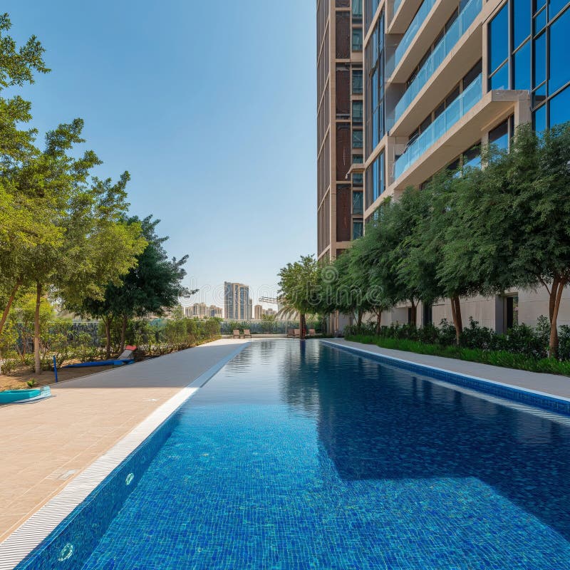 Luxurious Apartment Building with Infinity Pool and Lush Trees in Urban ...