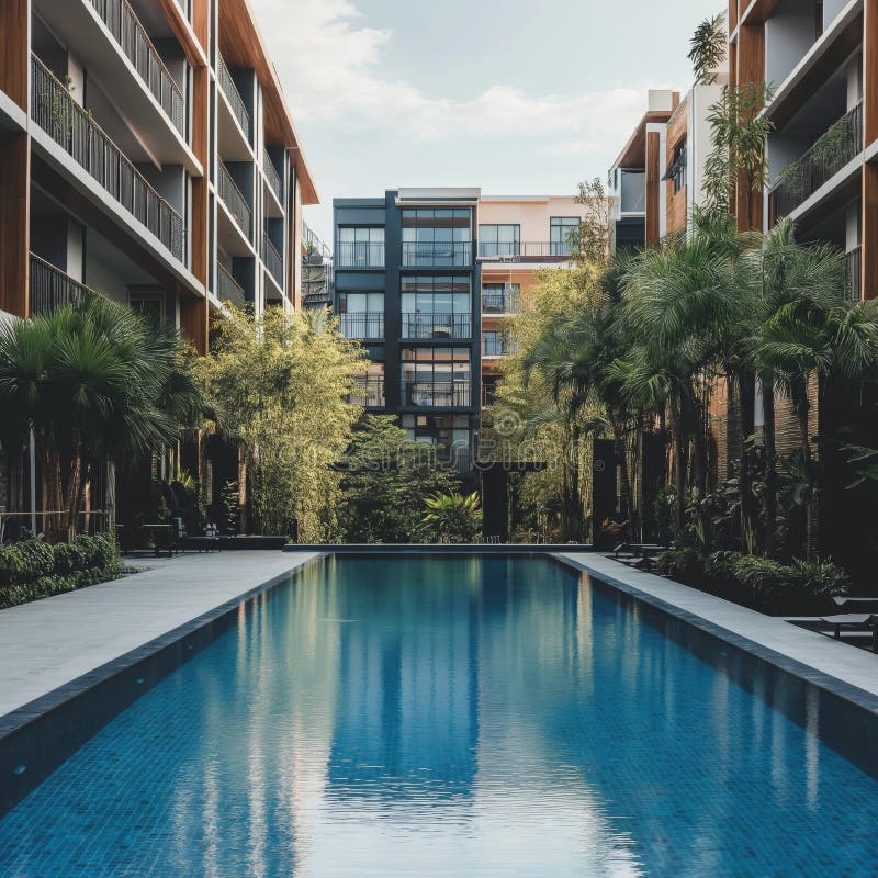 Luxurious Apartment Complex Pool Surrounded Lush Greenery Modern ...