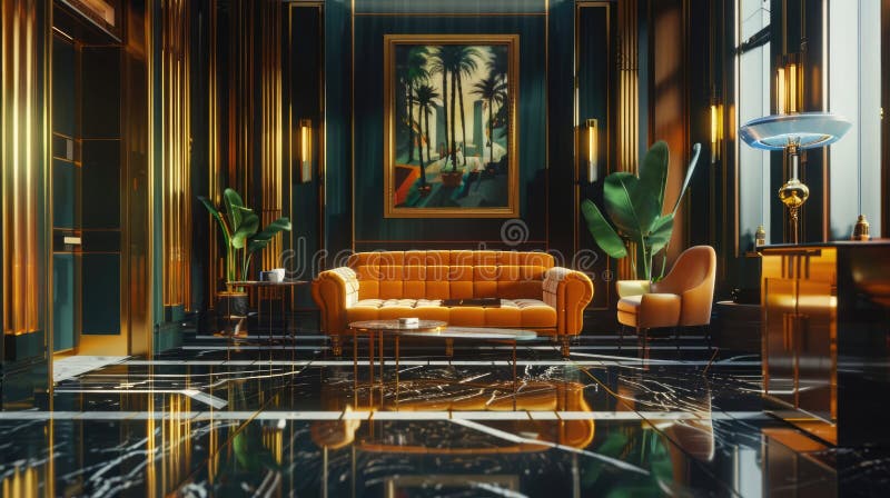 Luxurious Art Deco Lounge, Bold Geometry, Gloss, Gold Touches, and ...