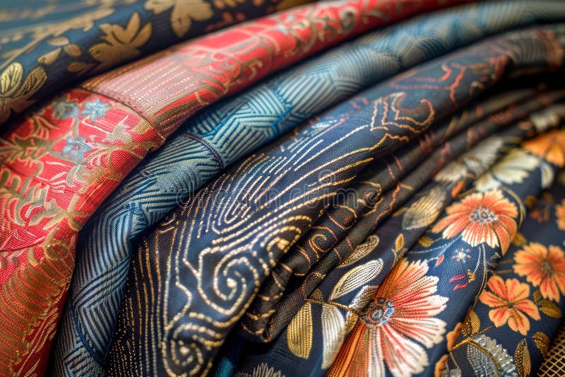 Luxurious Assorted Patterned Fabrics Stacked Neatly, Display of Rich ...