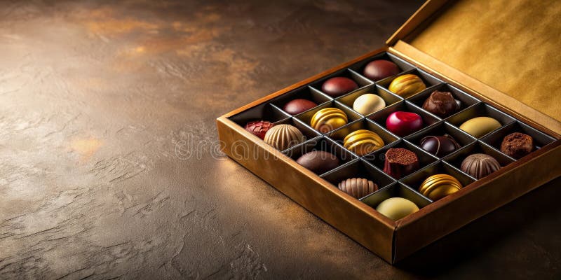 A Luxurious Assortment of Gourmet Chocolates in an Elegant Gold Box on ...