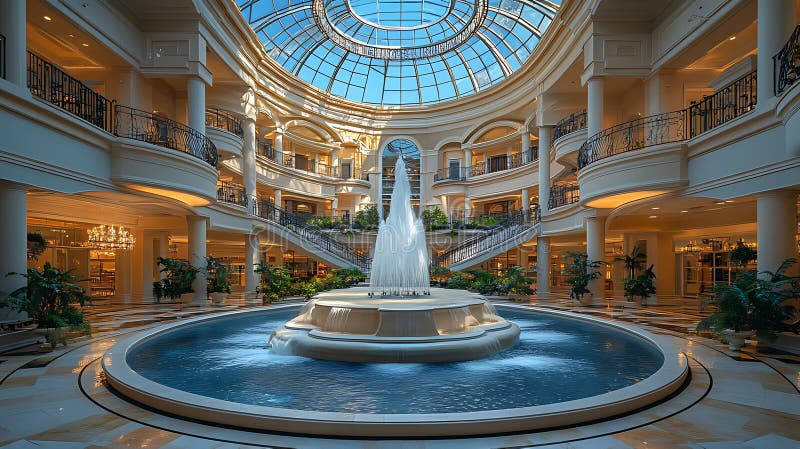 Luxurious Atrium Fountain, Shops, Glass Dome, Sunlight Stock ...