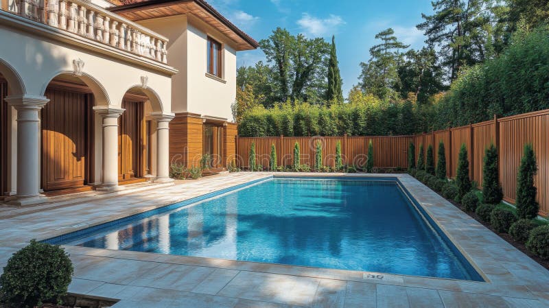Luxurious Backyard with Elegant Pool and Impressive Architecture Stock ...